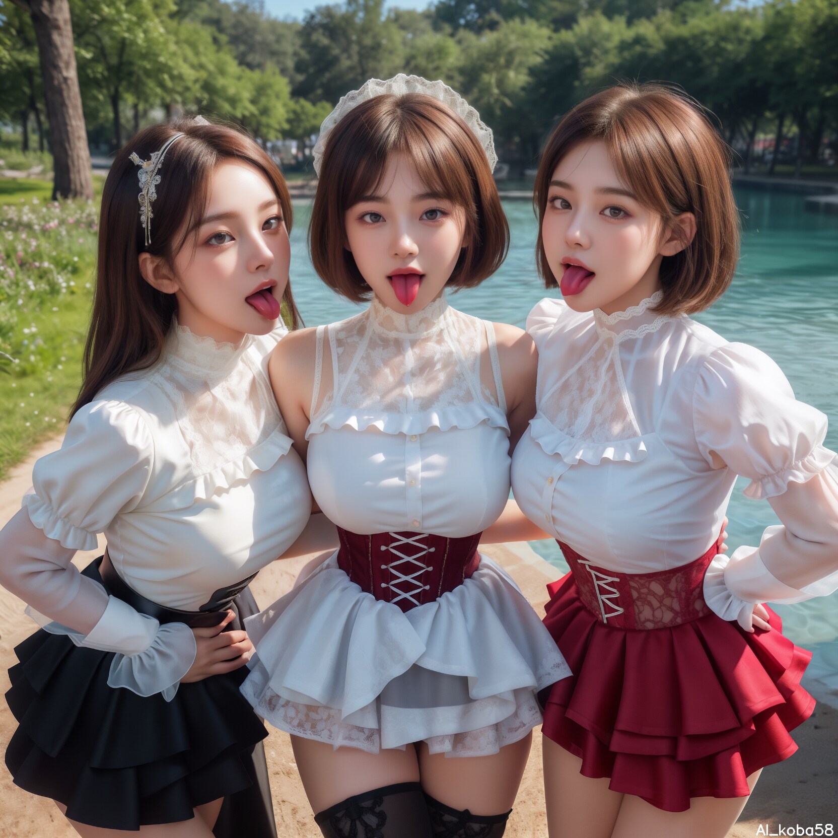 Vol179_ High-neck crimson lace blouse+Corsetwith frills | chichi-pui（ちちぷい）AIグラビア・AIフォト専用の投稿＆生成サイト