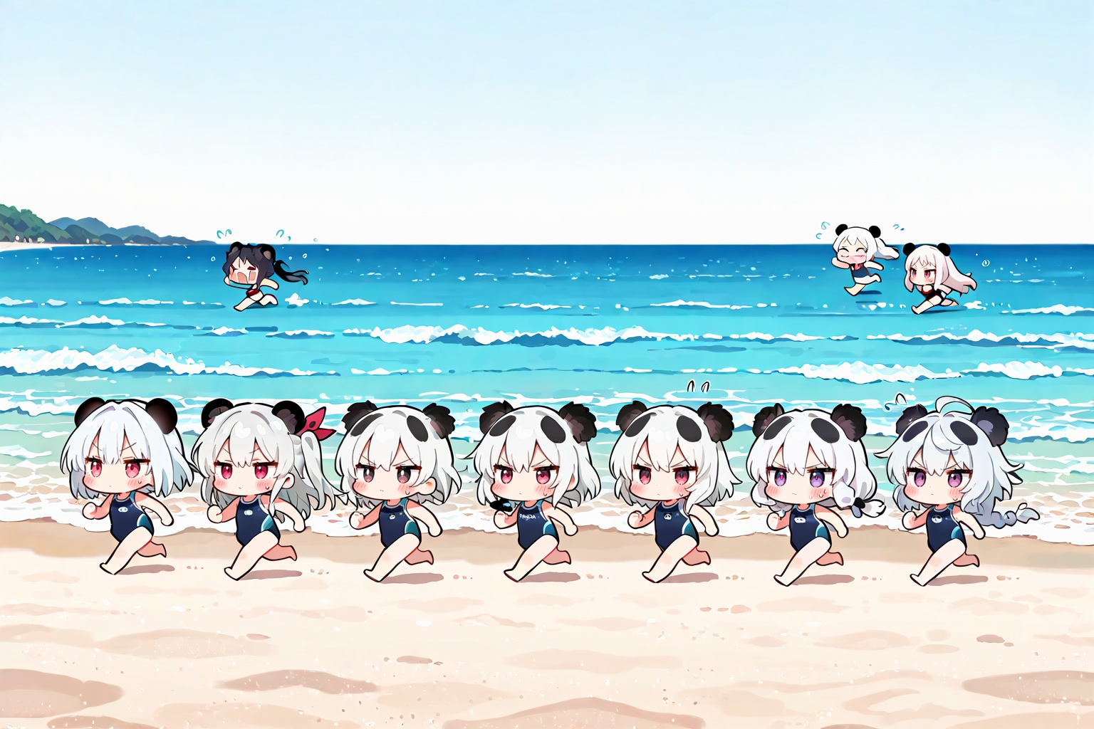 てん（10匹の）P（パンダ）が季節外れの水着で大脱走！ | chichi-pui（ちちぷい）AIイラスト専用の投稿＆生成サイト