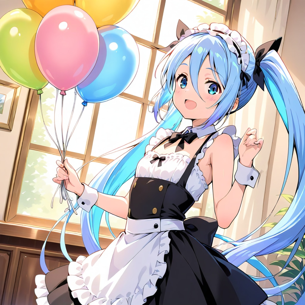 いっぱい風船を持つ青い髪ツインテールのメイド服着た美女。 | chichi-pui（ちちぷい）AIイラスト専用の投稿＆生成サイト