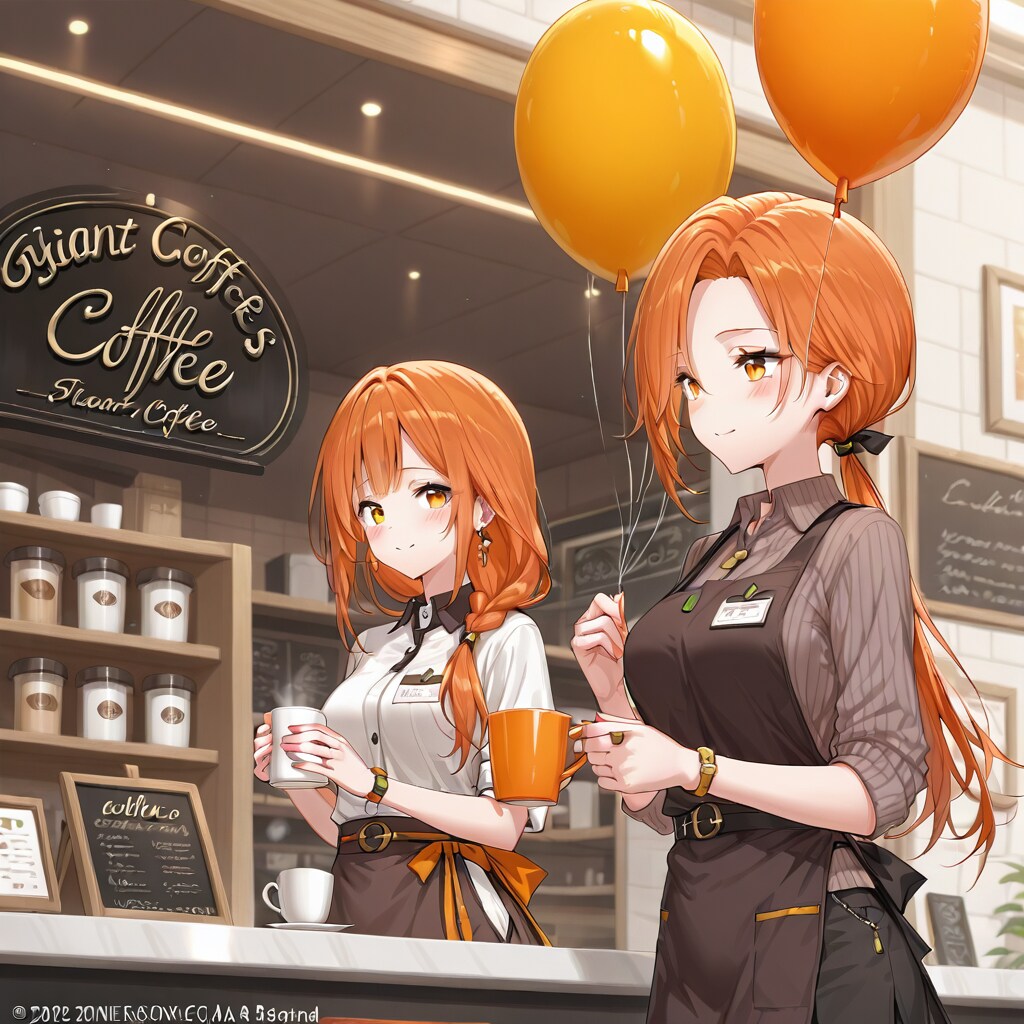 喫茶店でオレンジの風船を持つオレンジ髪ロングの美女店員さん | chichi-pui（ちちぷい）AIイラスト専用の投稿＆生成サイト