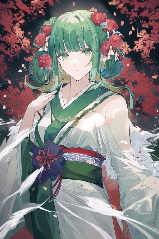 A beautiful young girl stands gracefully in a tranquil Japanese palace ...