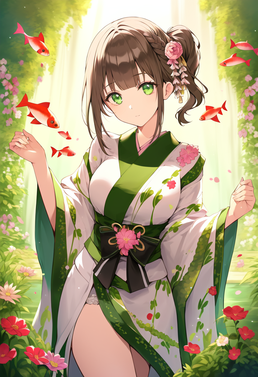 A beautiful young girl stands gracefully in a tranquil Japanese palace ...