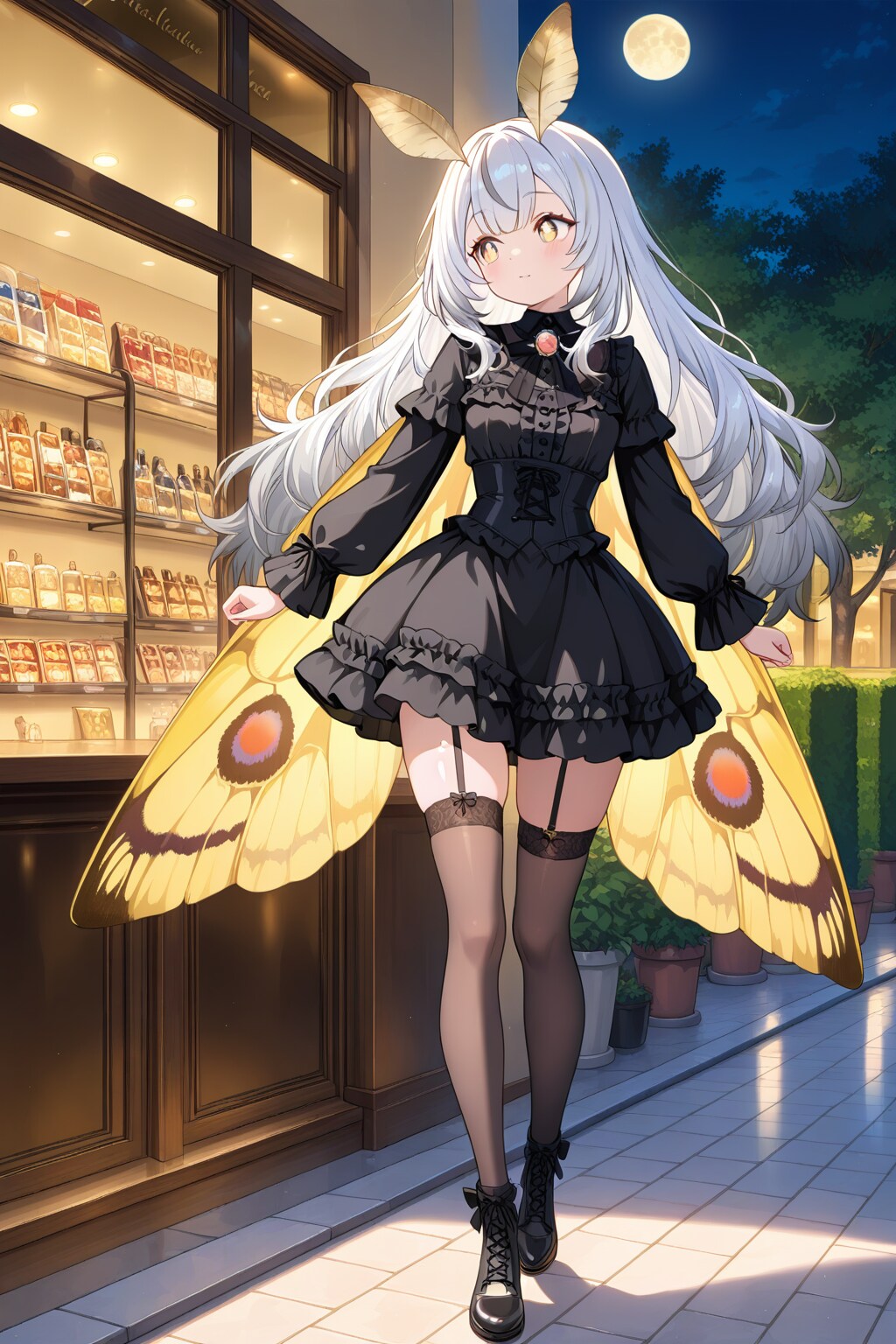Momo, the moth girl, on a night stroll. | chichi-pui（ちちぷい）AIイラスト専用の投稿＆生成サイト