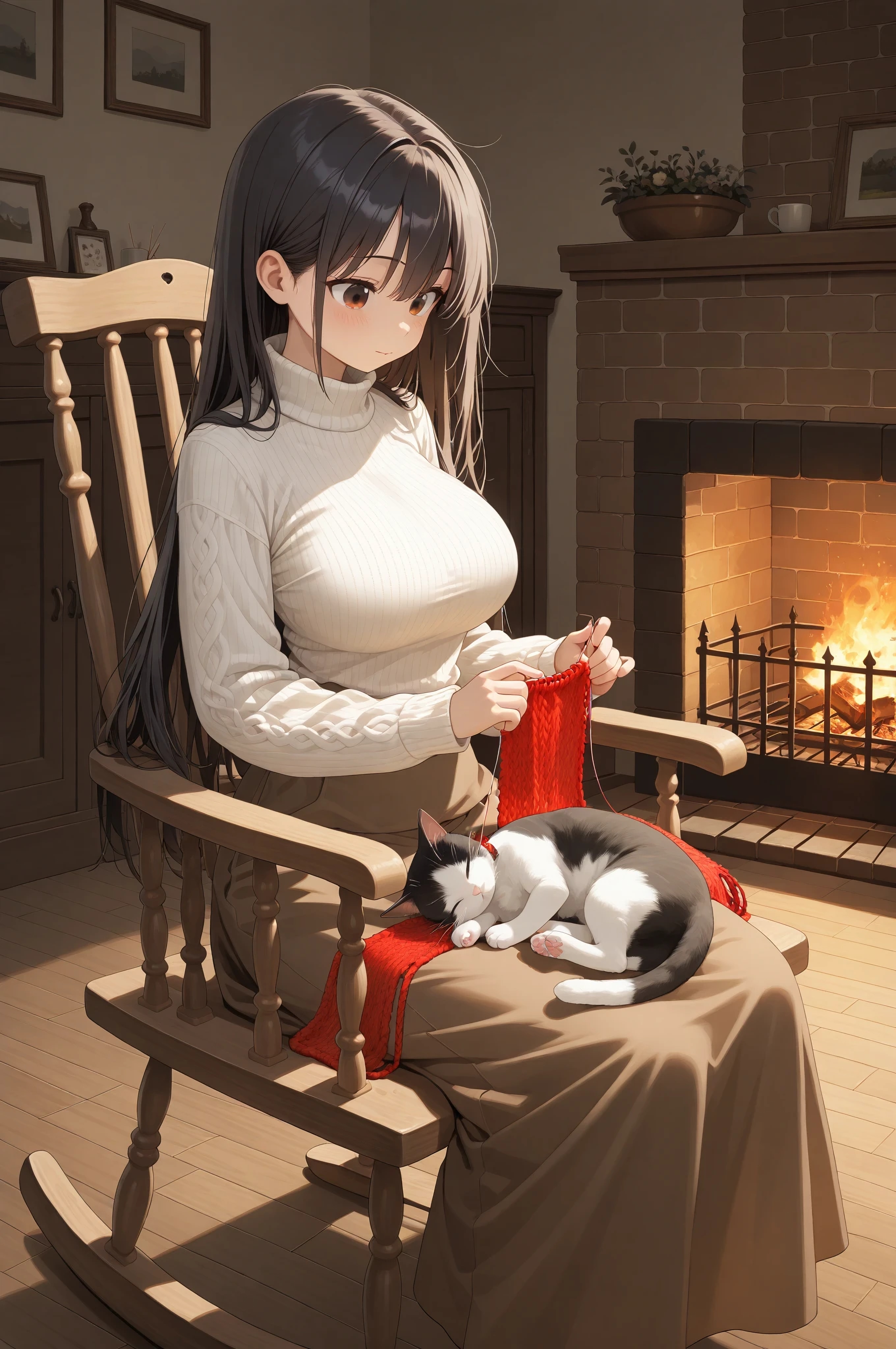 暖炉の前で編み物 | chichi-pui（ちちぷい）AIイラスト専用の投稿＆生成サイト